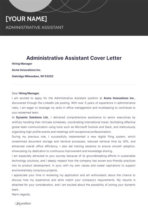 Free Administrative Assistant Cover Letter Template To Edit Online
