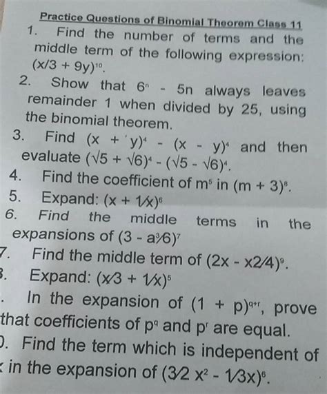 Practice Questions Of Binomial Theorem Class 11 Filo