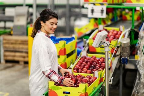 Premium Photo A Female Fruit Production Worker Measuring Apples In