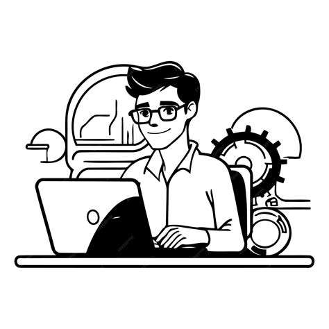 Premium Vector Vector Illustration Of A Young Man Working On A Laptop In The Office