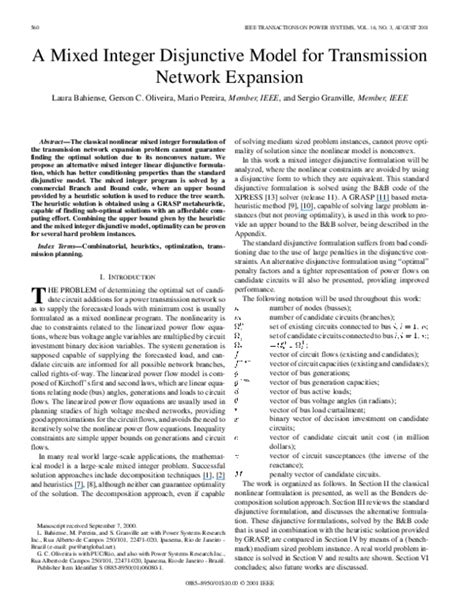 Pdf A Mixed Integer Disjunctive Model For Transmission Network Expansion
