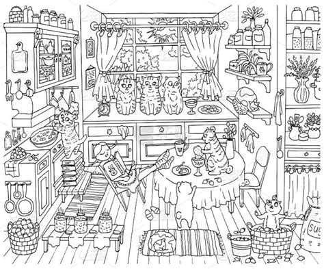 可爱的手绘矢量插图与老厨房，女孩和猫素材 花瓣网