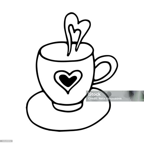 커피와 마음의 컵 손 그리기 개요 낙서 엽서 카드 인쇄물 메뉴 발렌타인 데이의 디자인을위한 고립 된 요소 벡터 그림입니다 드로잉에 대한 스톡 벡터 아트 및 기타 이미지