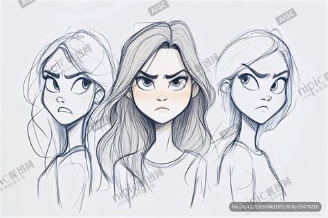Ai创作图女孩生气插画 夸张表情线稿 原创人物线条表情包 正面人物插画 手绘夸张表情 愤怒的表情画 原创手绘头 创意人像设计初稿草稿 表情画技巧 动画人物设计 漫画形象设计 简约粗狂线条人物