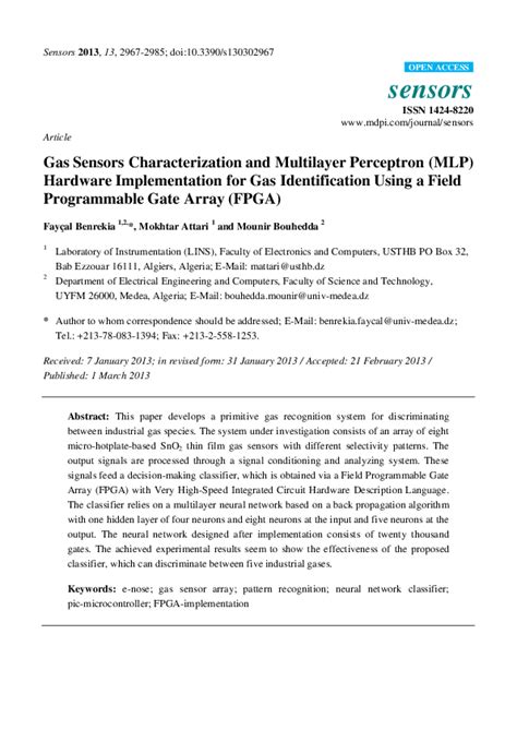 Pdf Article Gas Sensors Characterization And Multilayer Perceptron Mlp Hardware