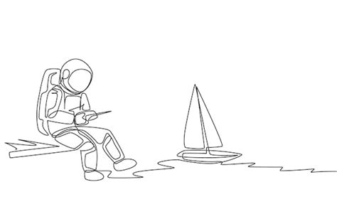 Premium Vector One Continuous Line Drawing Of Astronaut Playing Sailboat Radio Control In Moon