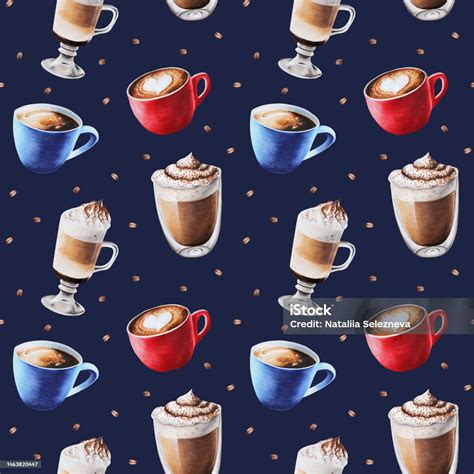 커피 만들기 도구가 있는 수채화 매끄러운 패턴 라떼 에스프레소 아메리카노 고립된 배경에 손 그림 디자이너 메뉴 상점 바 비스트로 레스토랑 엽서 포장지 커버용 포스터 및
