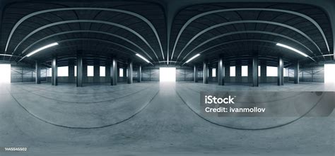 360 Vr 그런 지 스튜디오 쇼룸 큰 빈 강철 콘크리트 격납고 창고 헛간 거대한 공간 Dayiight Windows 현대 작업장 차고 창고 3d 렌더링 빛에 대한 스톡