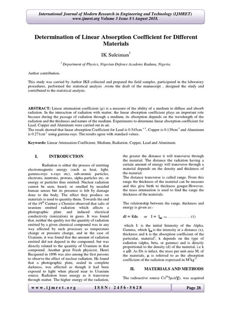 Determination Of Linear Absorption Coefficient For Different Materials Pdf Radiation