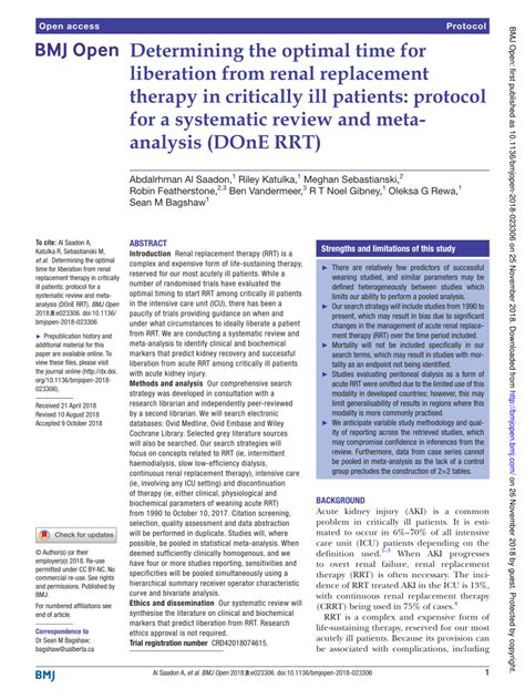 Pdf Determining The Optimal Time For Liberation From Renal Replacement Therapy In Critically