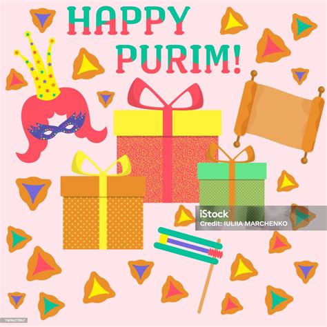 전통적인 Purim 기호 소음 기 마스크 Gragger 하만 타셴 쿠키 왕관 축제 장식 카니발 벡터와 행복 한 푸림 유대인 휴일 인사말 카드 인사말 벡터 카드입니다 0명에