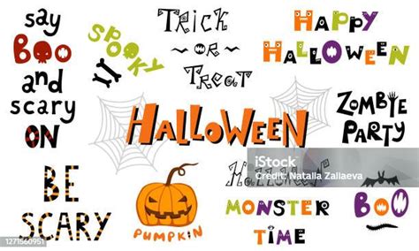해피 할로윈 으스스한 편지 문구와 따옴표 의 집합입니다 카드 전단지 포스터를 위한 필기 타이포그래피 벡터 텍스트 요소입니다 흰색으로 격리됩니다 부 트릭 또는 치료 좀비 파티