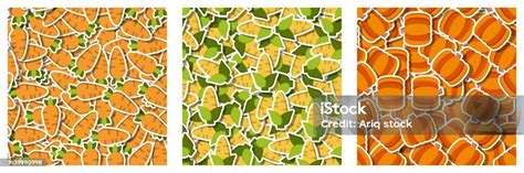 플랫 당근 옥수수 호박 야채 스티커 원활한 패턴입니다 당근 옥수수 호박 야채와 현대 배경 장식 벡터 그림 0명에 대한 스톡 벡터 아트 및 기타 이미지 Istock