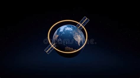 Earth Globe With Satellite Orbiting In Dark Space Environment Visualization Concept Stock