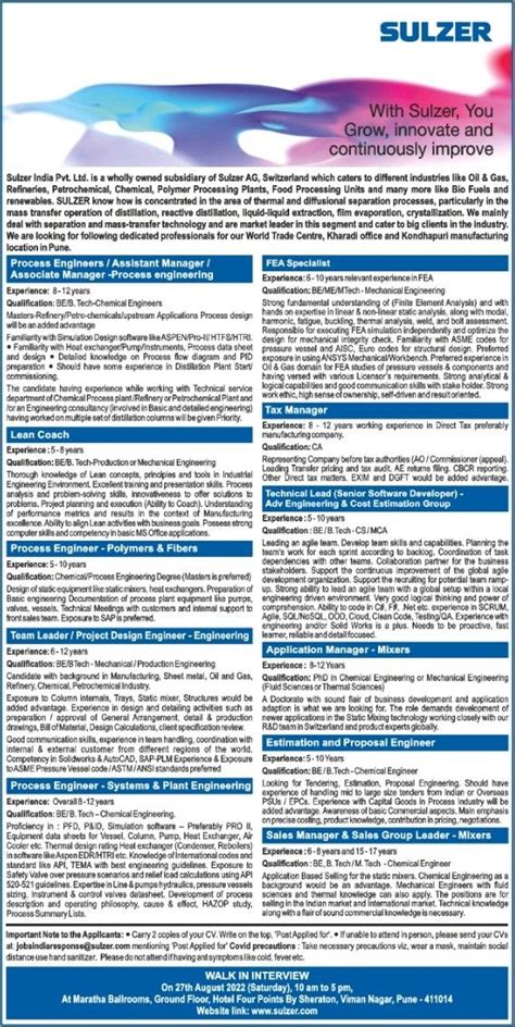 vishal kokane on linkedin sulzer india chemtech division walk in drive on 27th august 2022 at…