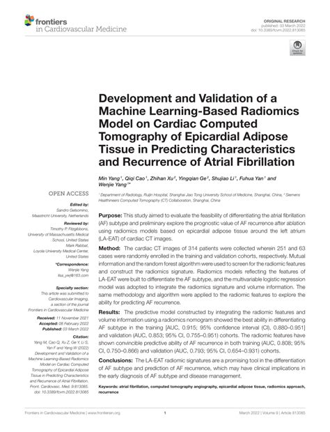 Pdf Development And Validation Of A Machine Learning Based Radiomics Model On Cardiac Computed