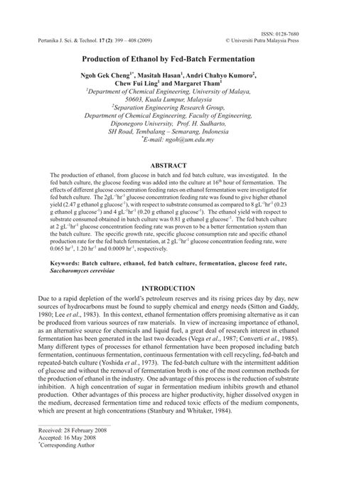 Pdf Production Of Ethanol By Fed Batch Fermentation