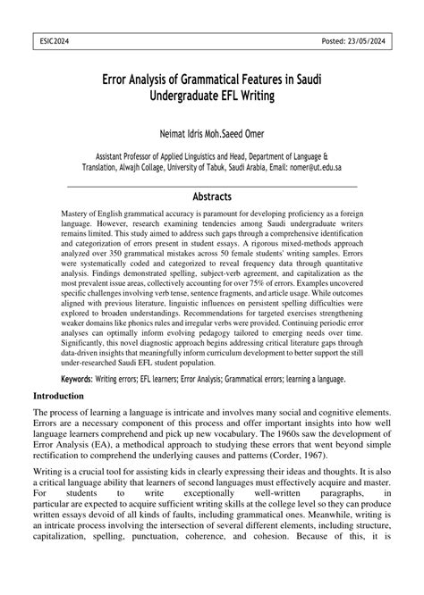 Pdf Error Analysis Of Grammatical Features In Saudi Undergraduate Efl Writing