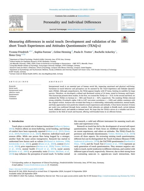 Pdf Measuring Differences In Social Touch Development And Validation Of The Short Touch