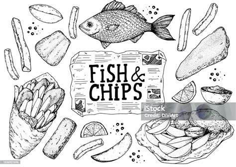 피시 앤 칩스 스케치 벡터 일러스트레이션 영국 술집 음식 손으로 그린 스케치 생선과 칩을 요리 손으로 그린 빈티지 이미지 메뉴 디자인 템플릿입니다 드로잉에 대한 스톡 벡터