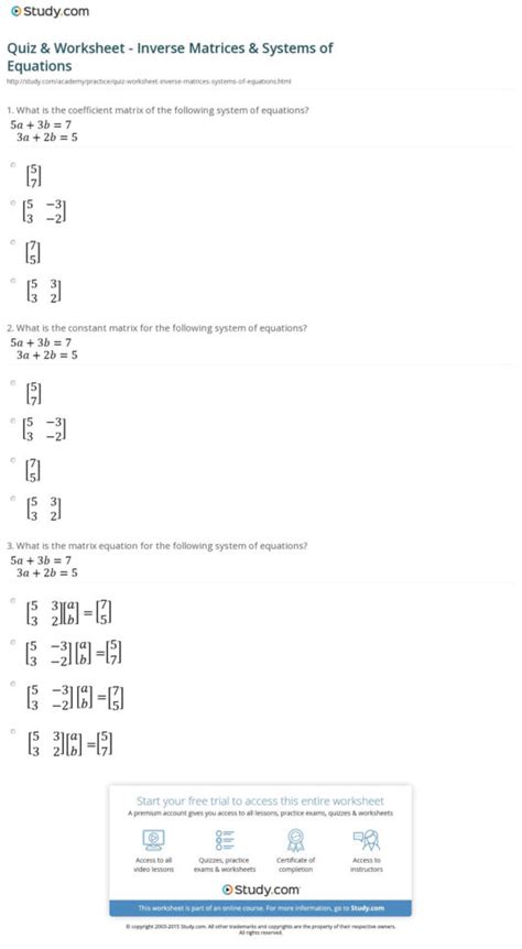 Quiz Worksheet Inverse Matrices Systems Of Equations — Db
