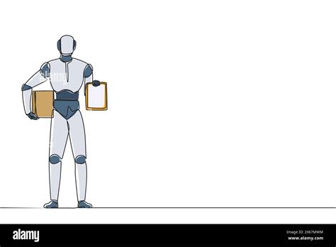 Single Continuous Line Drawing Robot Holding Boxes And Clipboard With Documents Modern Robotics