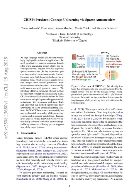 Crisp：通过稀疏自编码器实现的持久概念遗忘 论文 Hyperai超神经