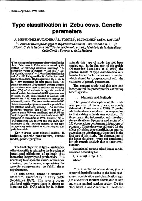 Pdf Type Classification In Zebu Cows Genetic Parameters