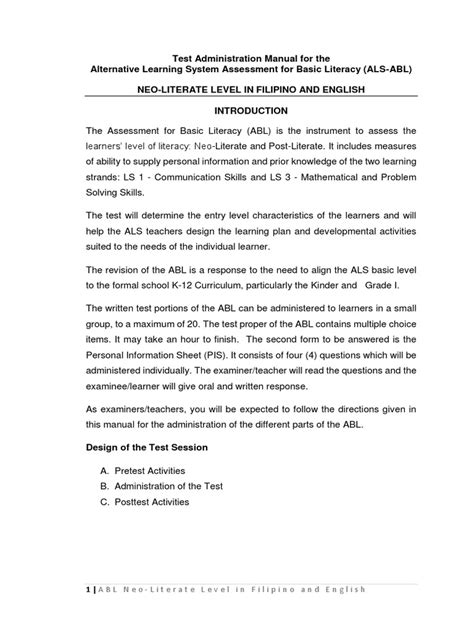 Abl Neo Literate Test Manual Pdf Educational Assessment Literacy