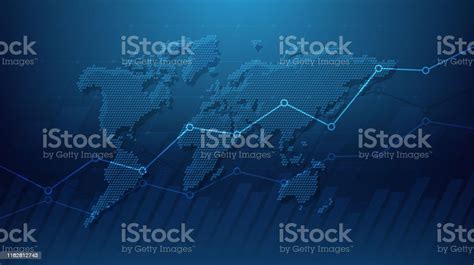 파란색 색상 배경에 주식 시장에서 업 트렌드 라인과 세계지도와 추상 금융 그래프 세계지도에 대한 스톡 벡터 아트 및 기타 이미지