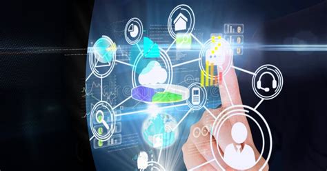 Composition Of Finger Touching Interactive Screen With Network Of Icons