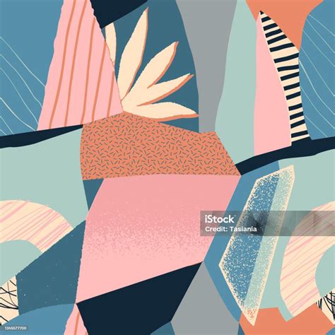 펑키 기하학적 모양은 콜라주 원활한 패턴을 잘라냅니다 추상적인 꽃 열대 및 기하학 배경 주제에 대한 스톡 벡터 아트 및 기타 이미지 배경 주제 열대 기후 0명