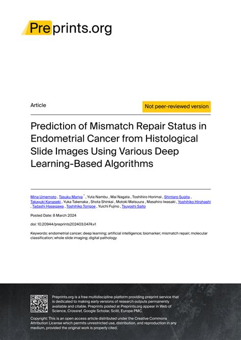 Pdf Prediction Of Mismatch Repair Status In Endometrial Cancer From Histological Slide Images