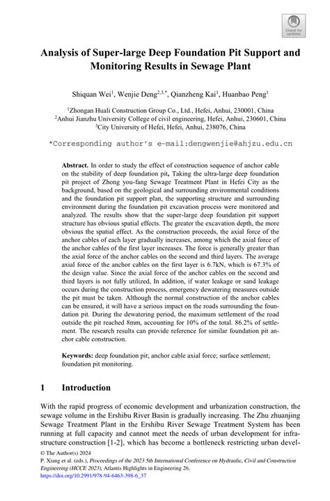 Pdf Analysis Of Super Large Deep Foundation Pit Support And Monitoring Results In Sewage Plant