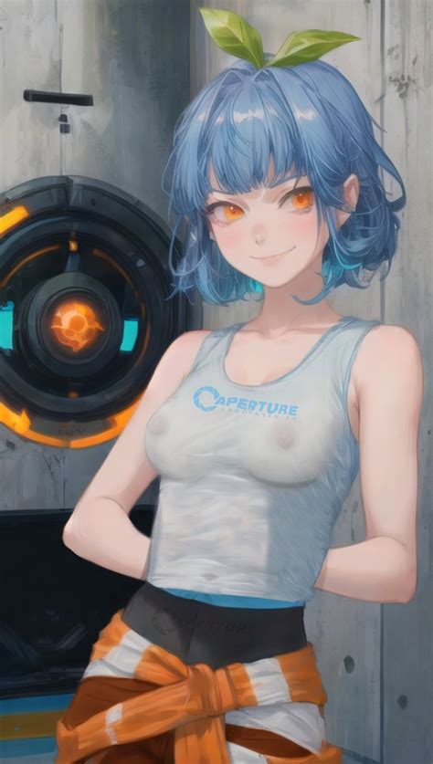 Rule 34 Ai Generated Blue Hair Chell Cosplay Leaf On Head Orange Eyes Portal Series