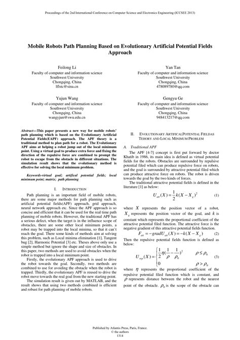 Pdf Mobile Robots Path Planning Based On Evolutionary Artificial Potential Fields Approach