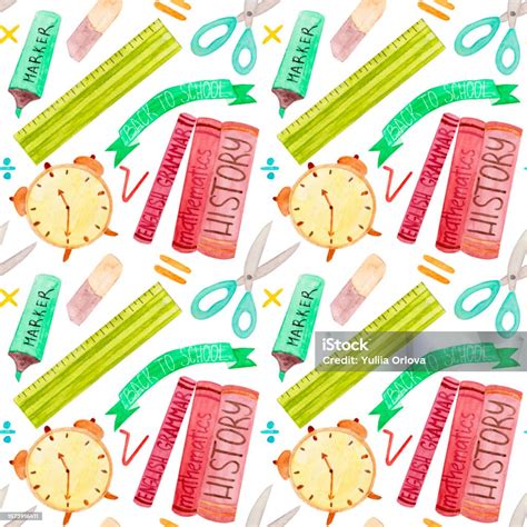 매끄러운 수채화 패턴 학교 액세서리 책 지우개 눈금자 시계 마커 및 흰색 배경에 다양한 수학 기호 9월에 대한 스톡 벡터 아트 및 기타 이미지 Istock