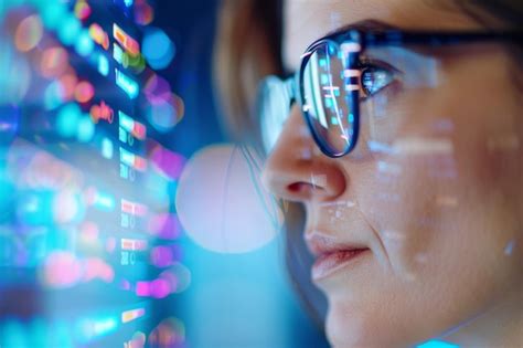 Woman Analyzing Data On Computer Screen With Colorful Graphs And Charts