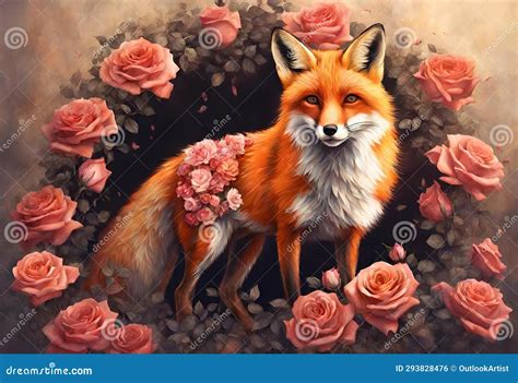 Sunset Beauty Full Body Fox In Rose Flowers Rose Flower Fox Stock