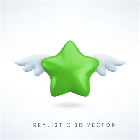 터 D 날개를 가진 초록색 별 아이콘 귀여운 현실적인 만화 날아다니는 별 D 색 배경에 렌더링 프리미엄 벡터