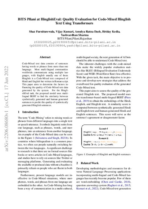 Pdf Bits Pilani At Hinglisheval Quality Evaluation For Code Mixed Hinglish Text Using