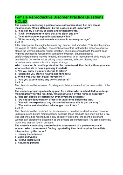 Female Reproductive Disorder Practice Questions NCLEX Answered With Rationale Female