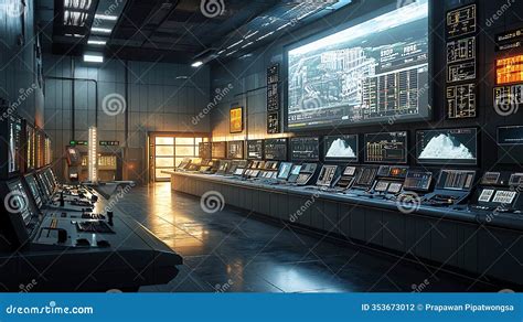 High Tech Control Room For Dam Operations With Advanced Monitoring Systems Stock Illustration