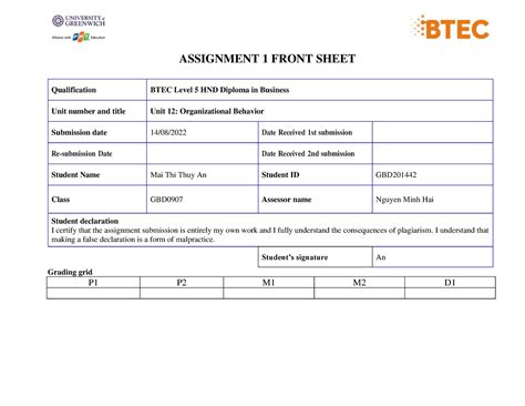 525 Assignment 1 Gbd0907 Mai Thi Thuy An Assignment 1 Front Sheet Qualification Btec Level 5
