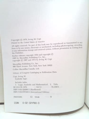 Symbolic Logic 5th Fifth Edition By Copi Late Irving M Published By Pearson 1979 Good