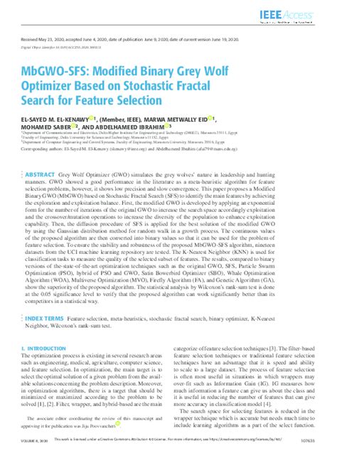 Pdf Mbgwo Sfs Modified Binary Grey Wolf Optimizer Based On