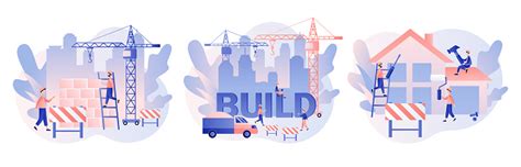 빌드 및 홈 복구 개념입니다 현대적인 건축 프로세스 전문 도구로 작업 하는 작은 남자 빌더 및 수리 현대 평면 만화 스타일입니다 흰색 배경의 벡터 그림 건설 산업에 대한