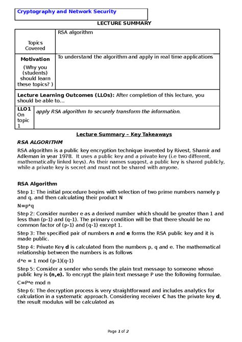 RSA Algorithm Cryptography And Network Security LECTURE SUMMARY