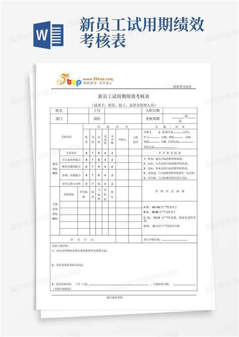 新员工试用期绩效考核表word模板下载 编号qkmzgznk 熊猫办公