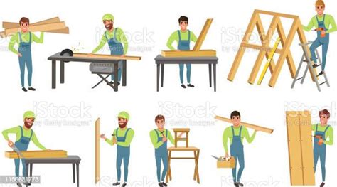 전문 목수 문자 세트 톱과 나무 판자를 절단 균일 한 남자 건물 목조 건축물 벡터 일러스트 집에 대한 스톡 벡터 아트 및 기타 이미지 Istock